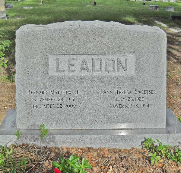 Bernard Matthew & Ann Teresa Sweetser Leadon Jr. Gravestone, Evergreen Cemetery